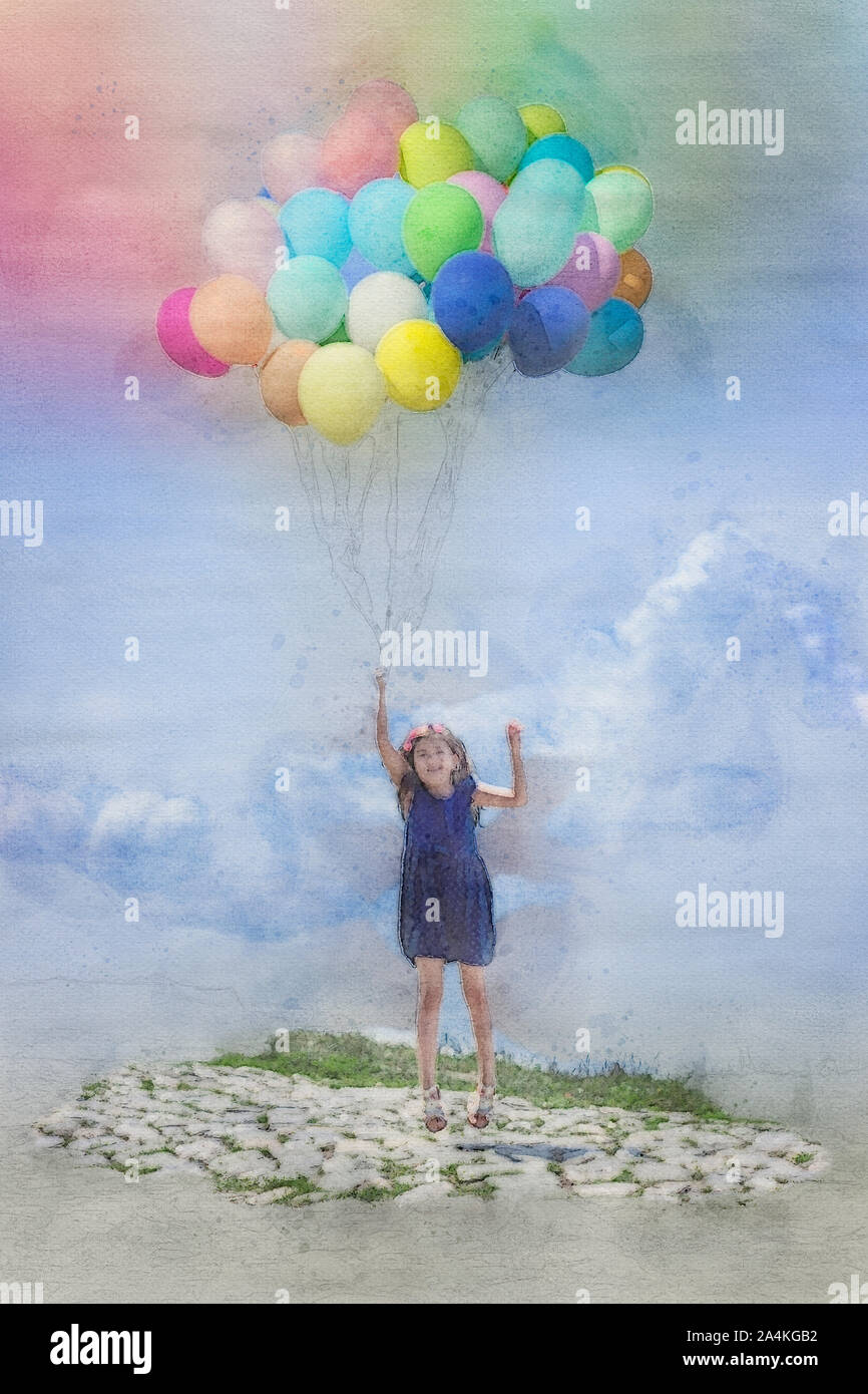 Girl Floating With Balloons