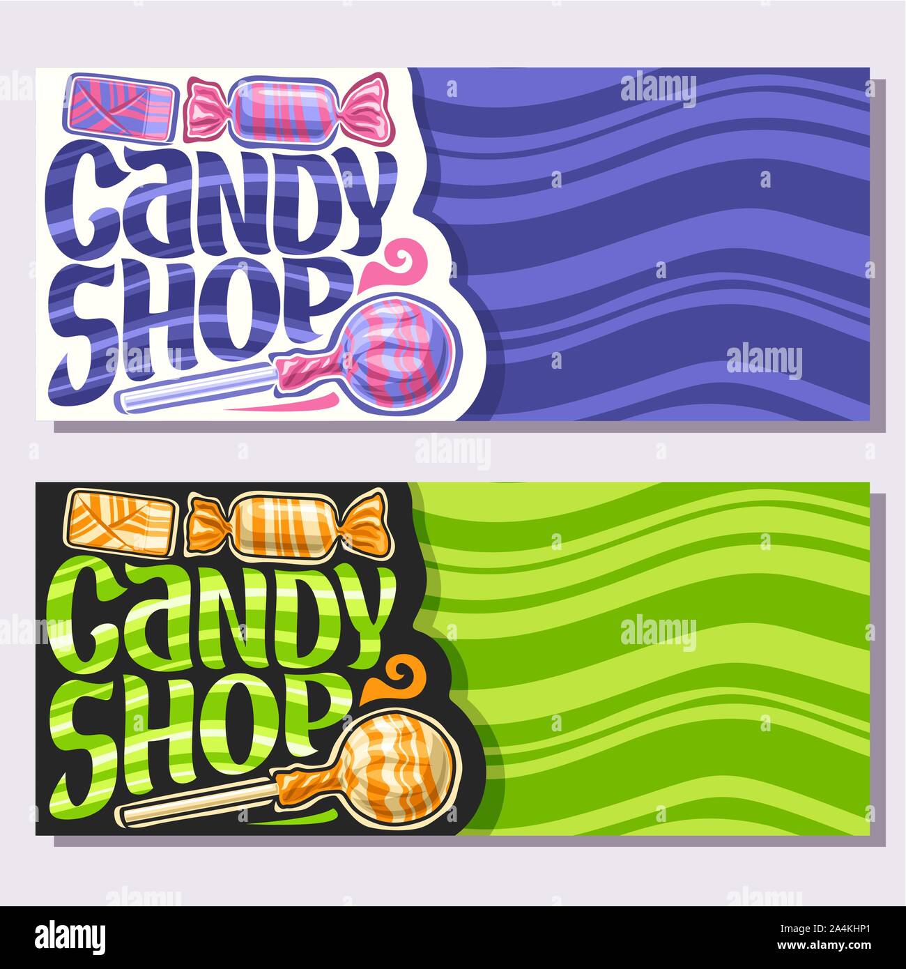Vector banners for Candy Shop with copy space, 3 wrapped candies in ...