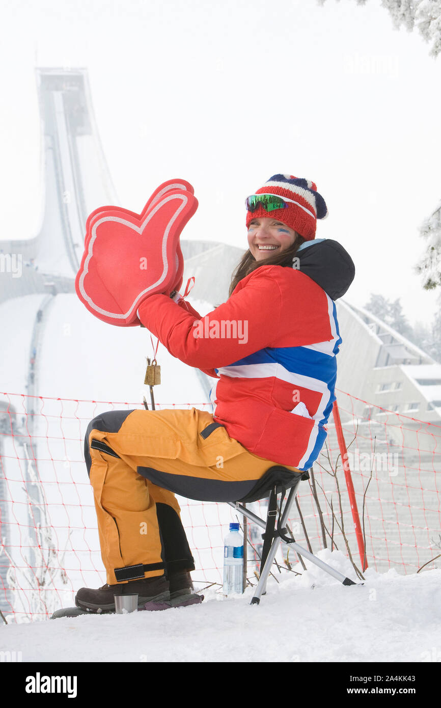 Woman Cheering At World Cup Skiing, Norway Stock Photo - Alamy