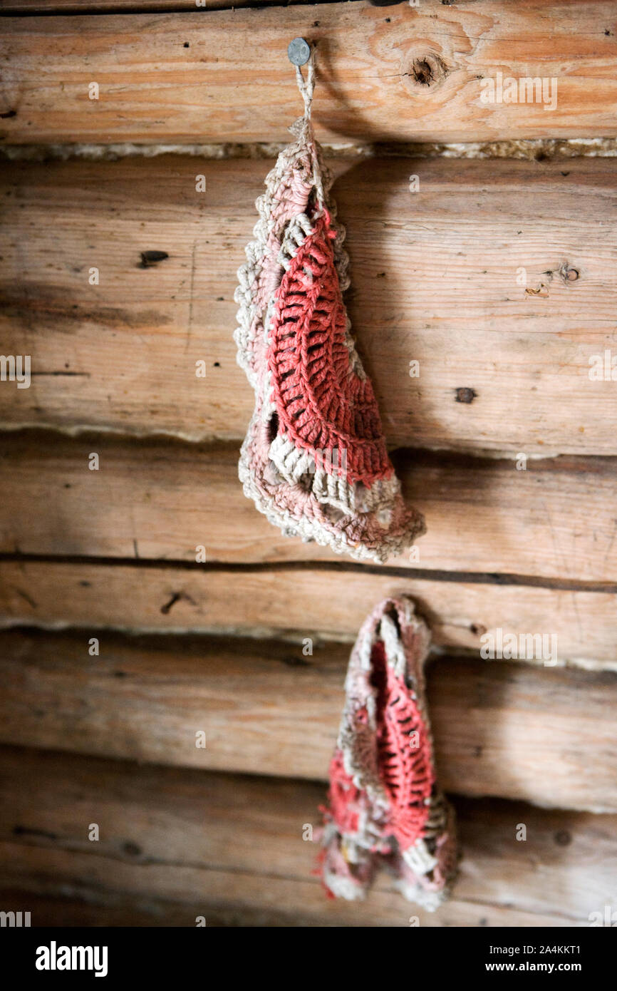 Old potholders. Crocheted kettle holders Stock Photo - Alamy