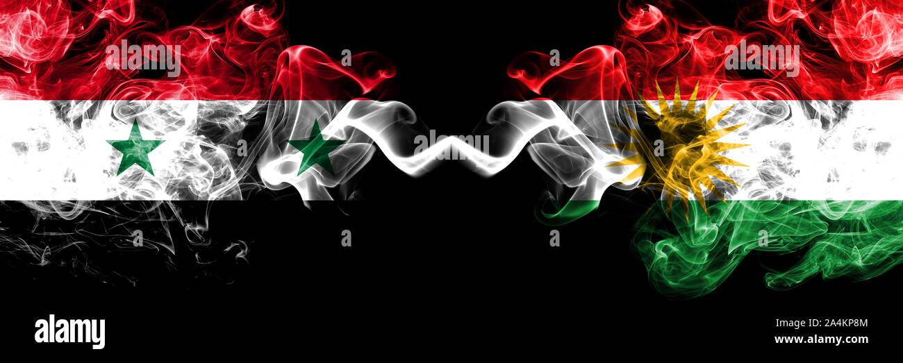 Syria vs Kurdistan, Kurdish smoke flags placed side by side. Thick ...