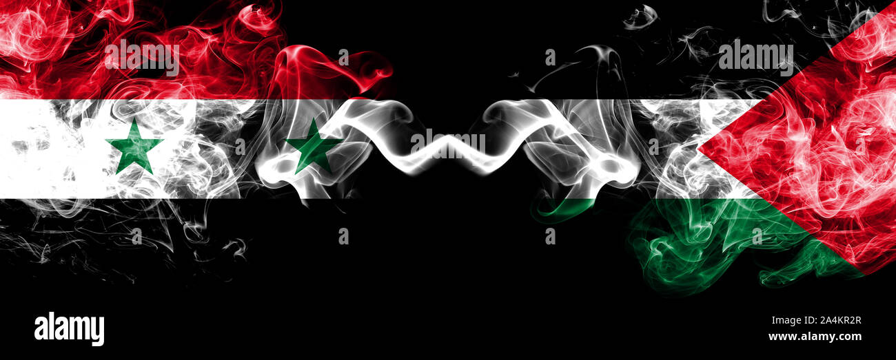 Syria vs Palestine, Palestinian smoke flags placed side by side. Thick ...