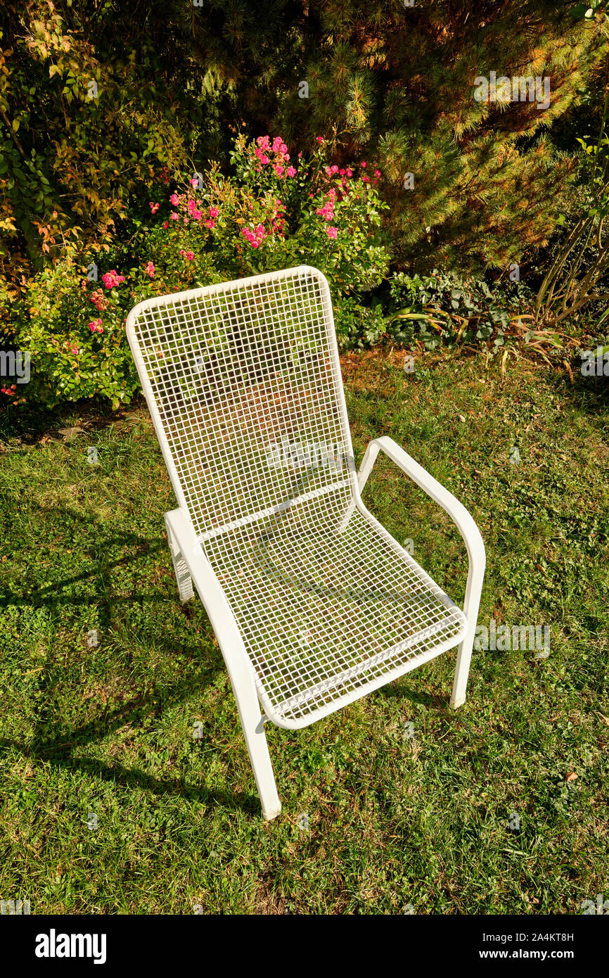 One white garden chair standing in an idyllic green sunny October ...