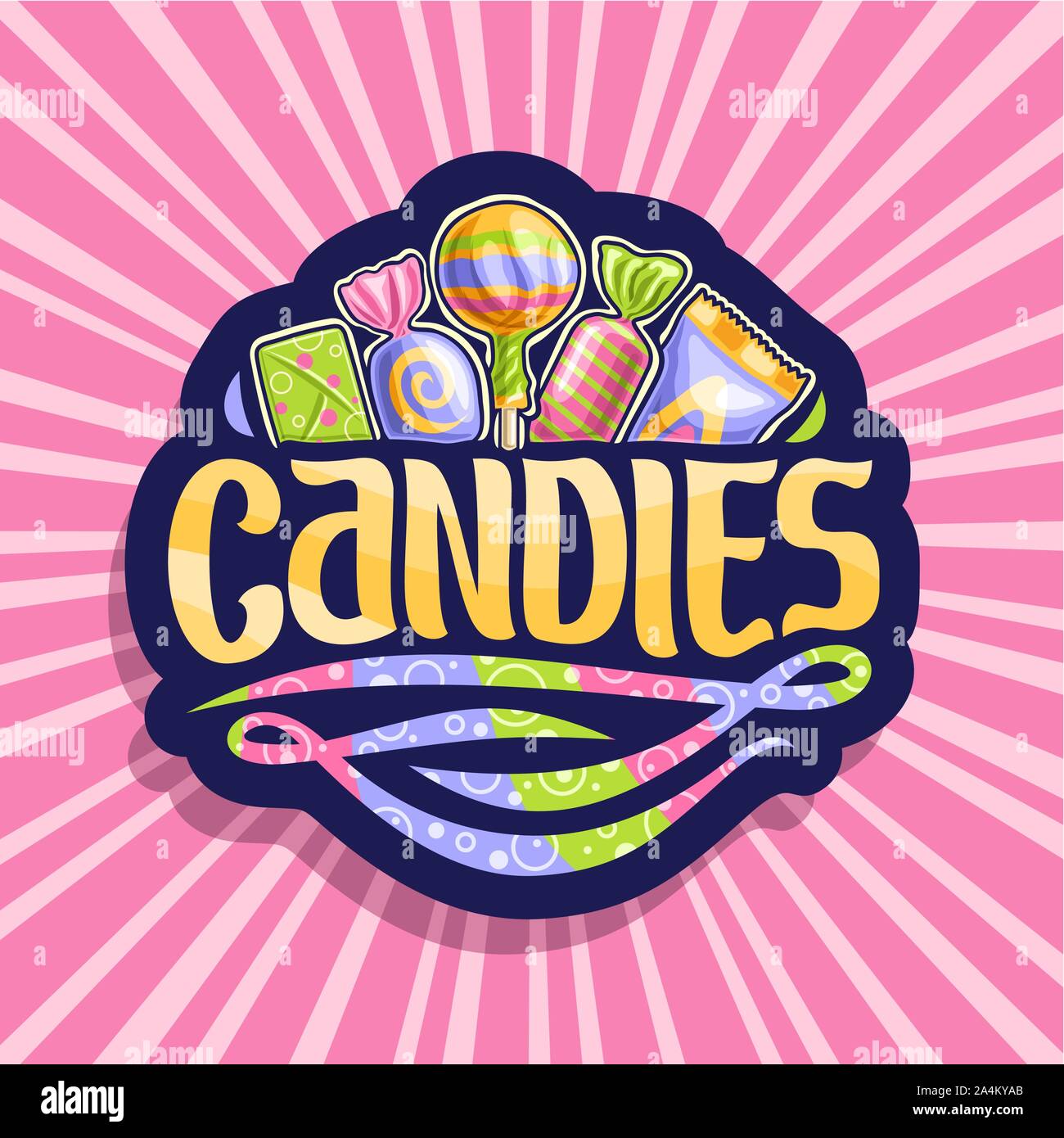Vector logo for Candies, on dark sticker 5 wrapped sweets in colorful ...