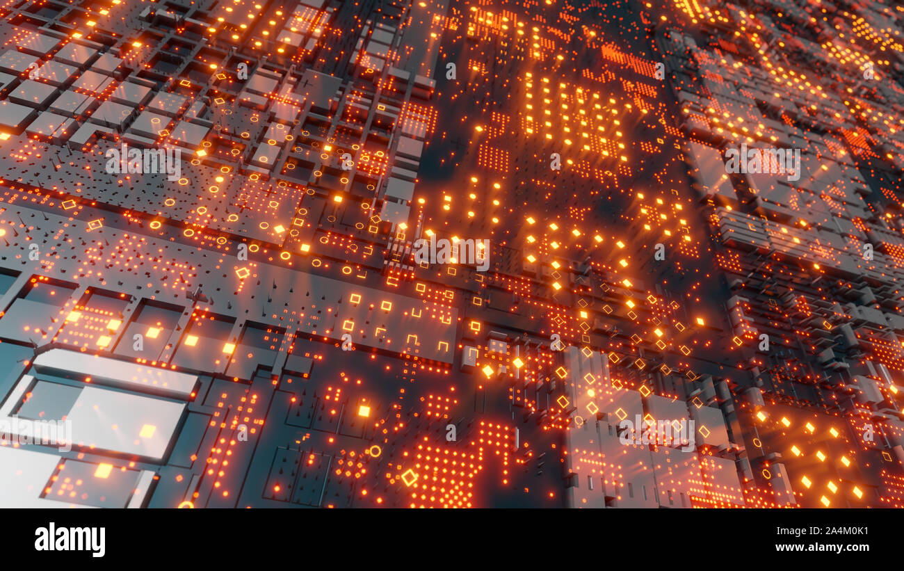 Abstract futuristic design. Tech wall with red bright elements. DOF ...