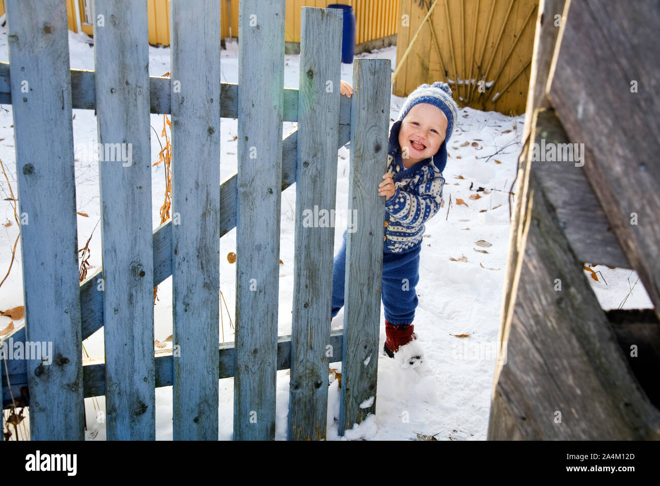 Boy by blue gate Stock Photo - Alamy