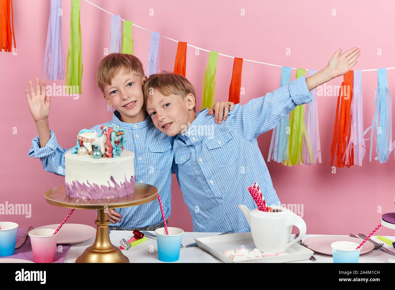 Cute little twins having fun at birthday party, isolated pink ...