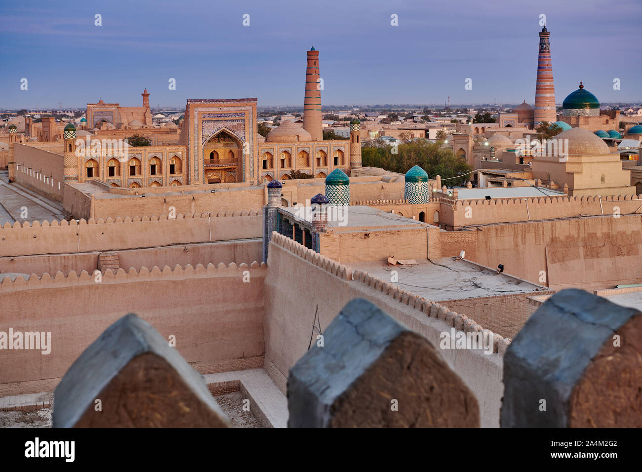 Panorama of ancient city of Khiva during sunset, Itchan Kala ...