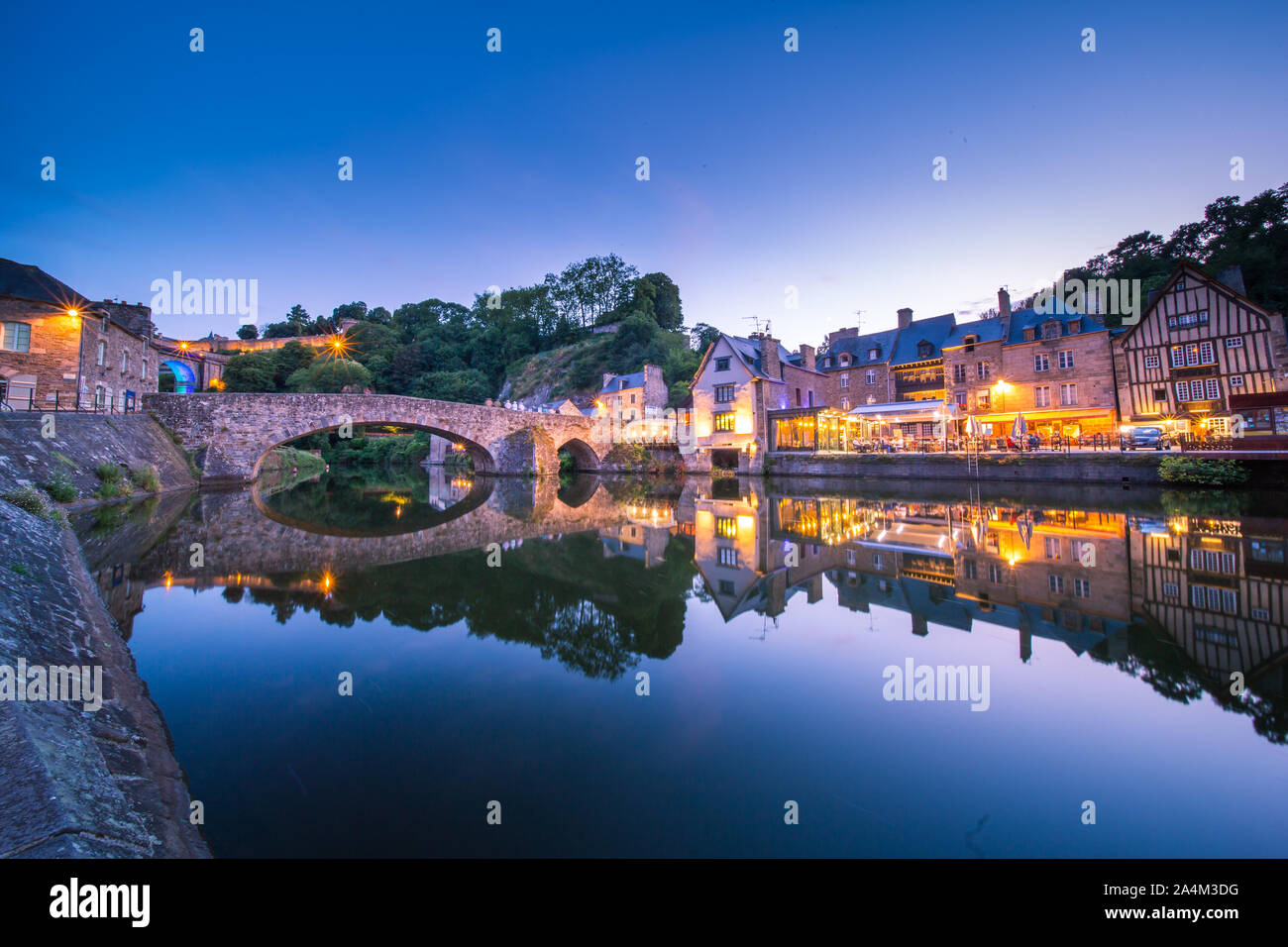 Dinan and Medieaval Stone Houses Reflecting in Rance River at Dusk in ...