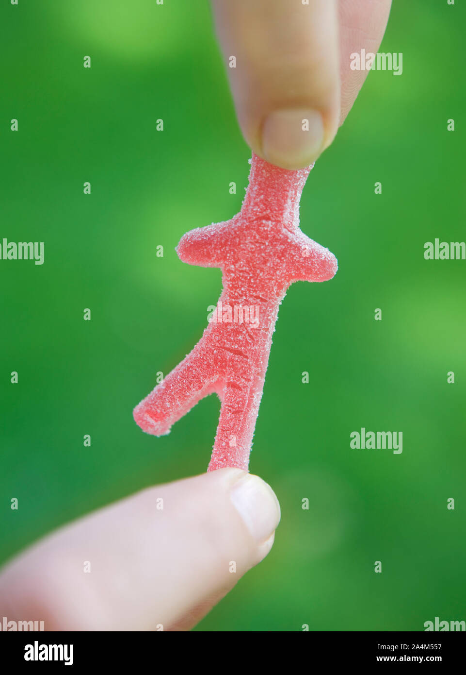 Womans hands holding red jelly man Stock Photo - Alamy