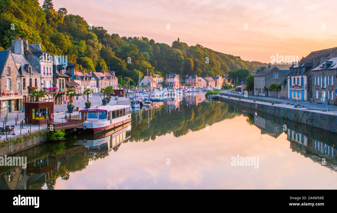 Dinan Marina Reflecting in Rance River at Sunrise in Bretagne, Cotes d ...