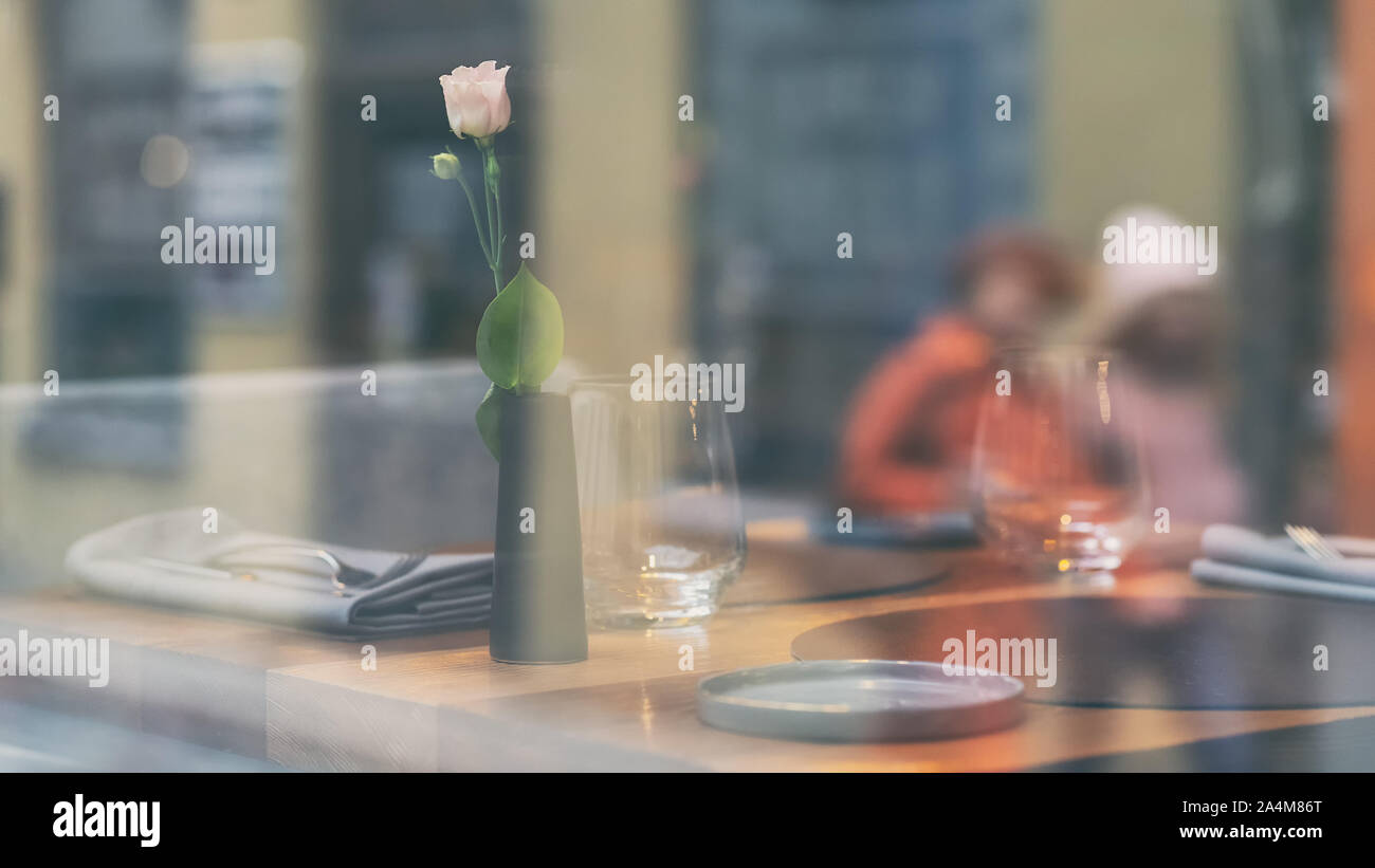 Reflection of a street in a restaurant window Stock Photo - Alamy