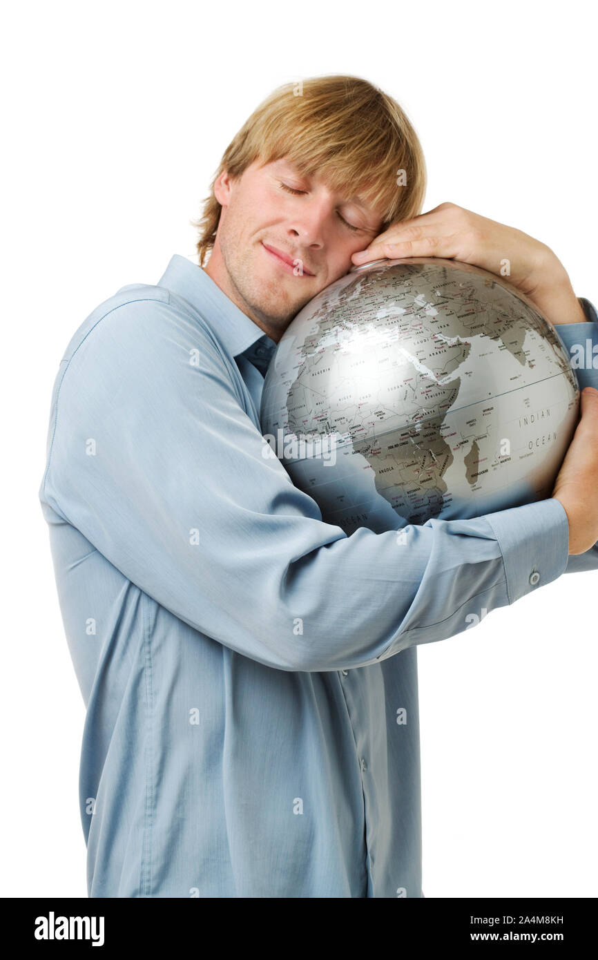 Man hugging globe - eyes closed Stock Photo - Alamy