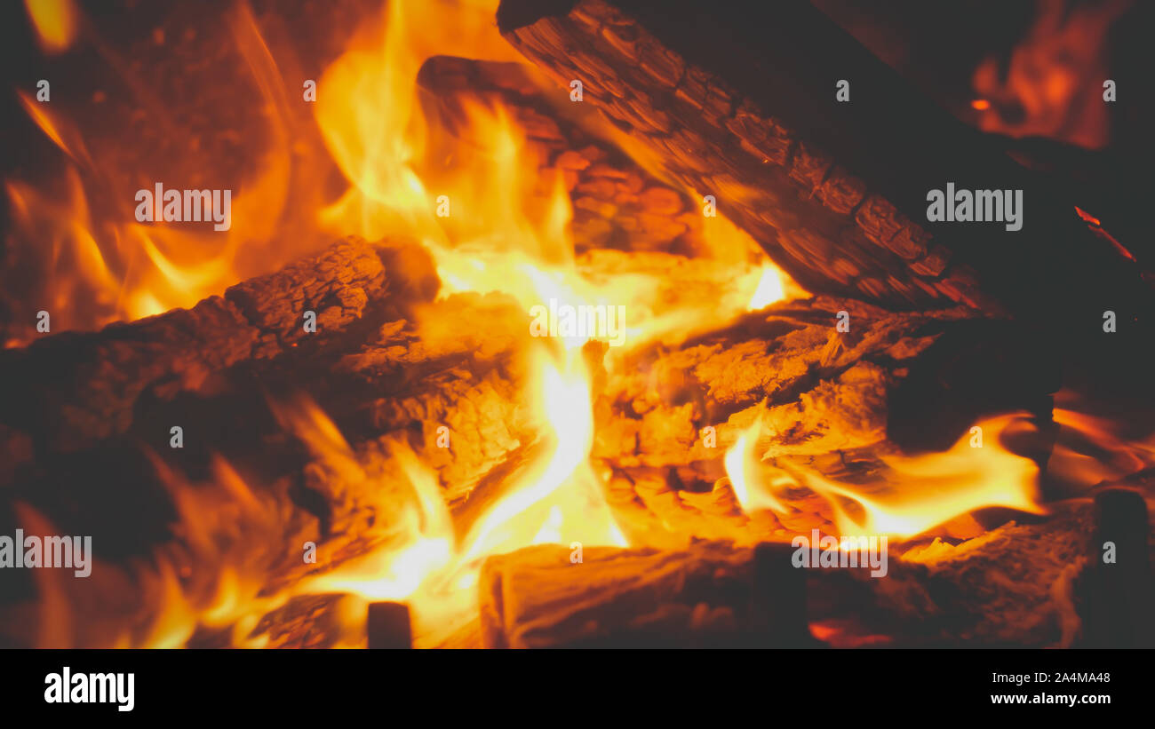 Closeup toned image of fire flames covering burning wooden logs in the ...