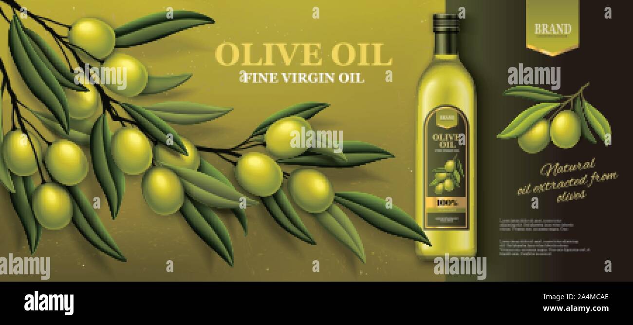 Olive oil banner ads with fresh olive branch in 3d illustration Stock ...