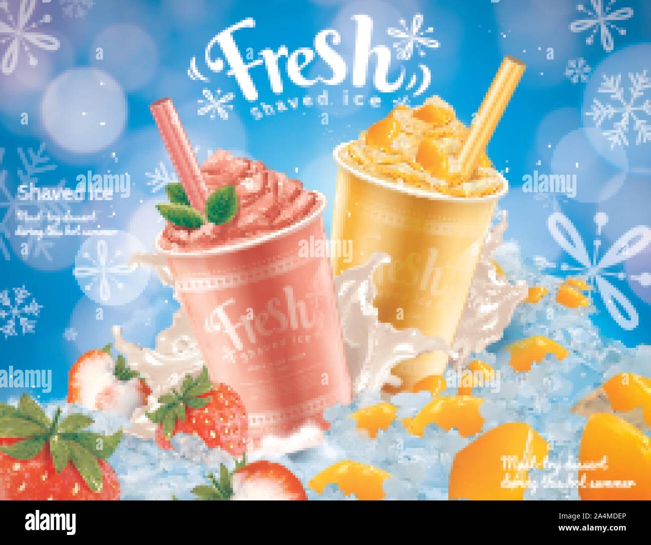 Strawberry and mango shaved ice ads with snow flakes effect in 3d ...