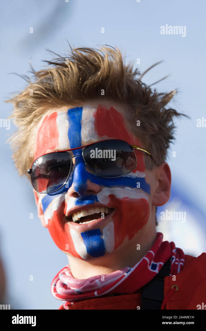Norwegian Flag Painted On Man's Face Stock Photo - Alamy