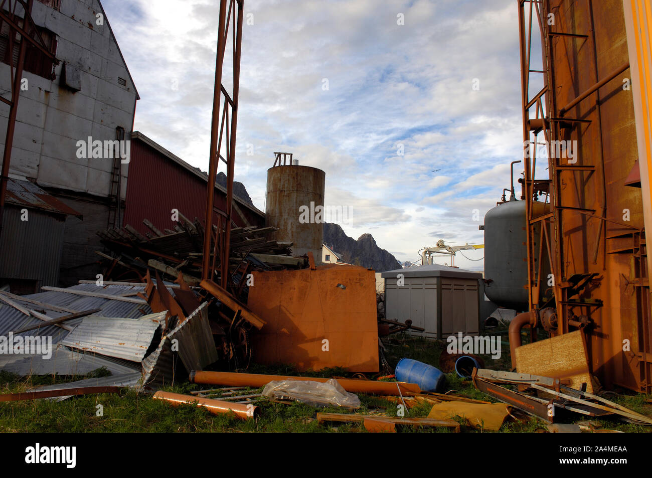 Messy industrial area in Svolvær, Lofoten. Industrial waste. Scrap ...