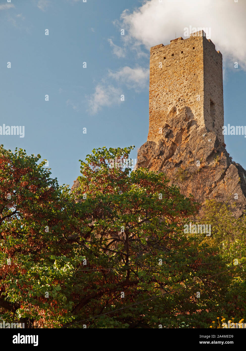 The tower above the village of Roquebrun Stock Photo - Alamy