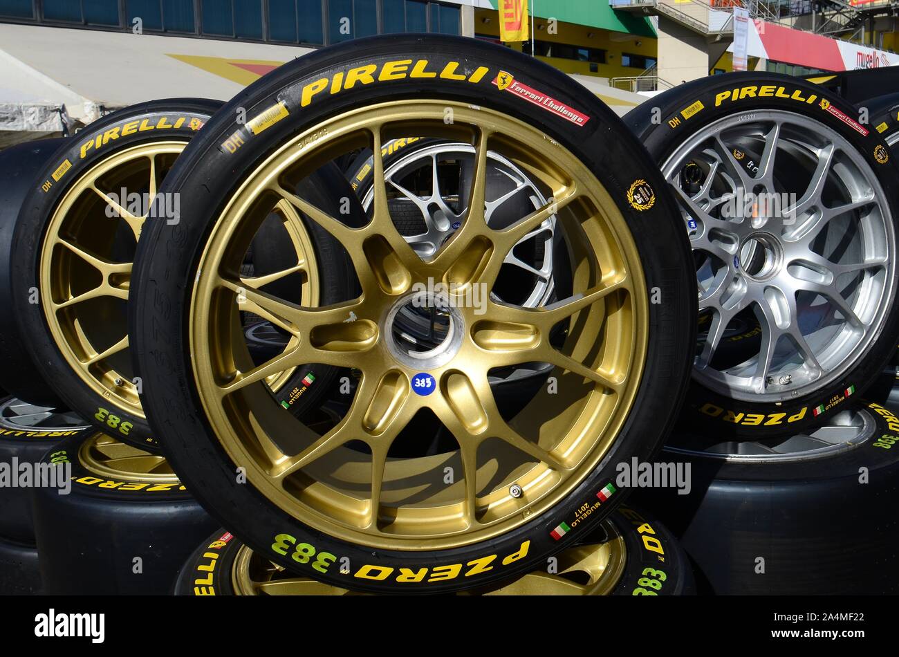 MUGELLO, IT, October 2017: tires and alloy wheels for Ferrari racing ...