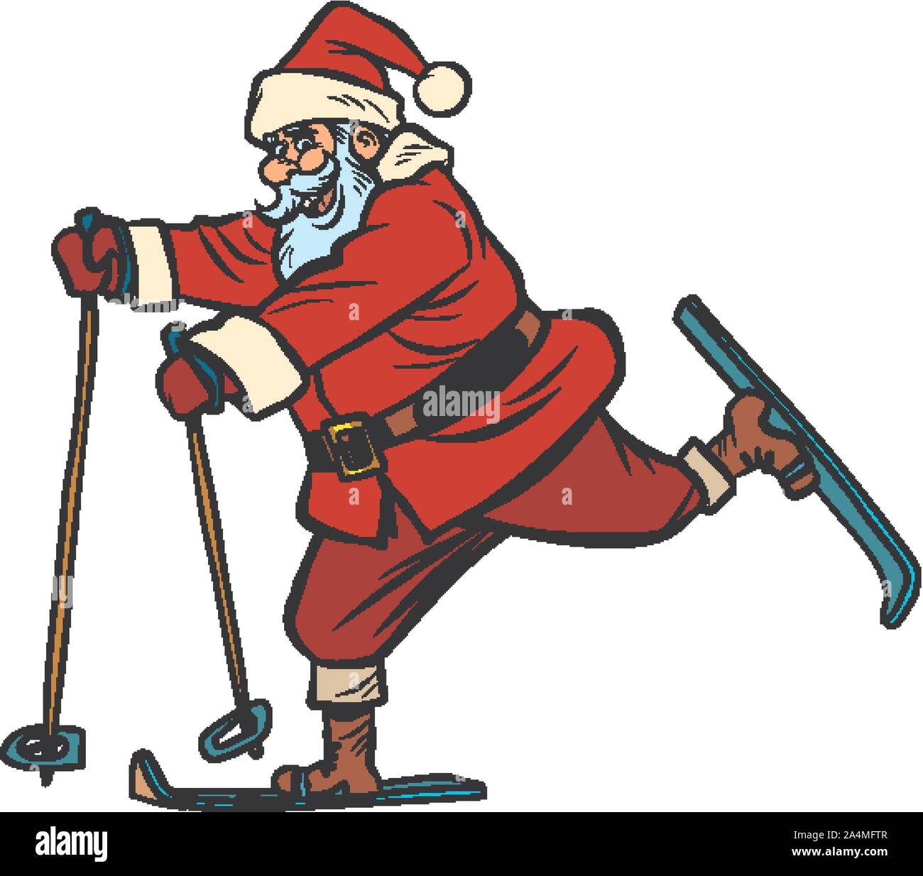 Santa Claus goes skiing. Christmas and New year. Comic cartoon pop art ...