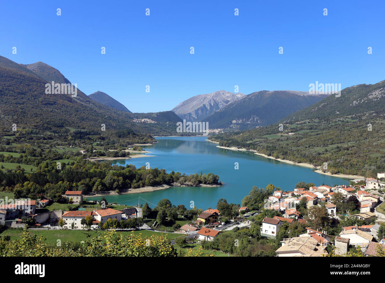 Barrea, Italy - 12 October 2019: Lake Barrea and the mountain village ...