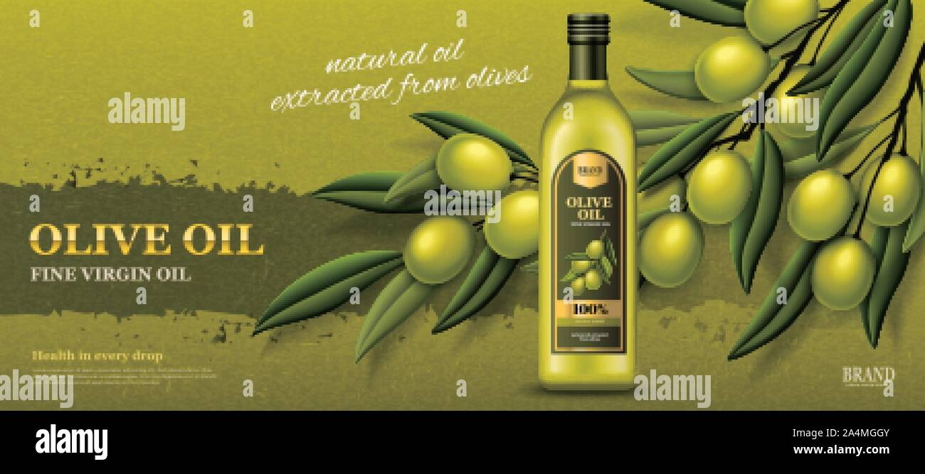 Olive oil banner ads with fresh olive branch in 3d illustration Stock ...