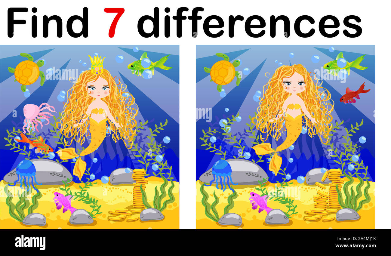Find differences, game for children, mermaid underwater in cartoon ...