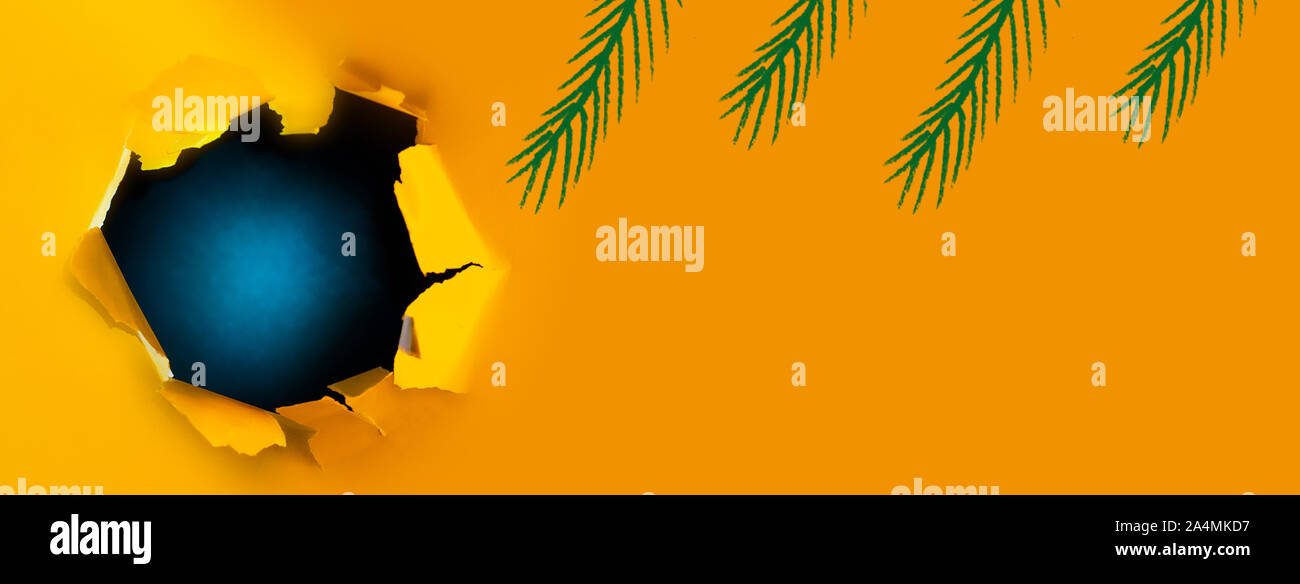 A ragged hole on a bright paper background lit by neon and spruce twigs ...