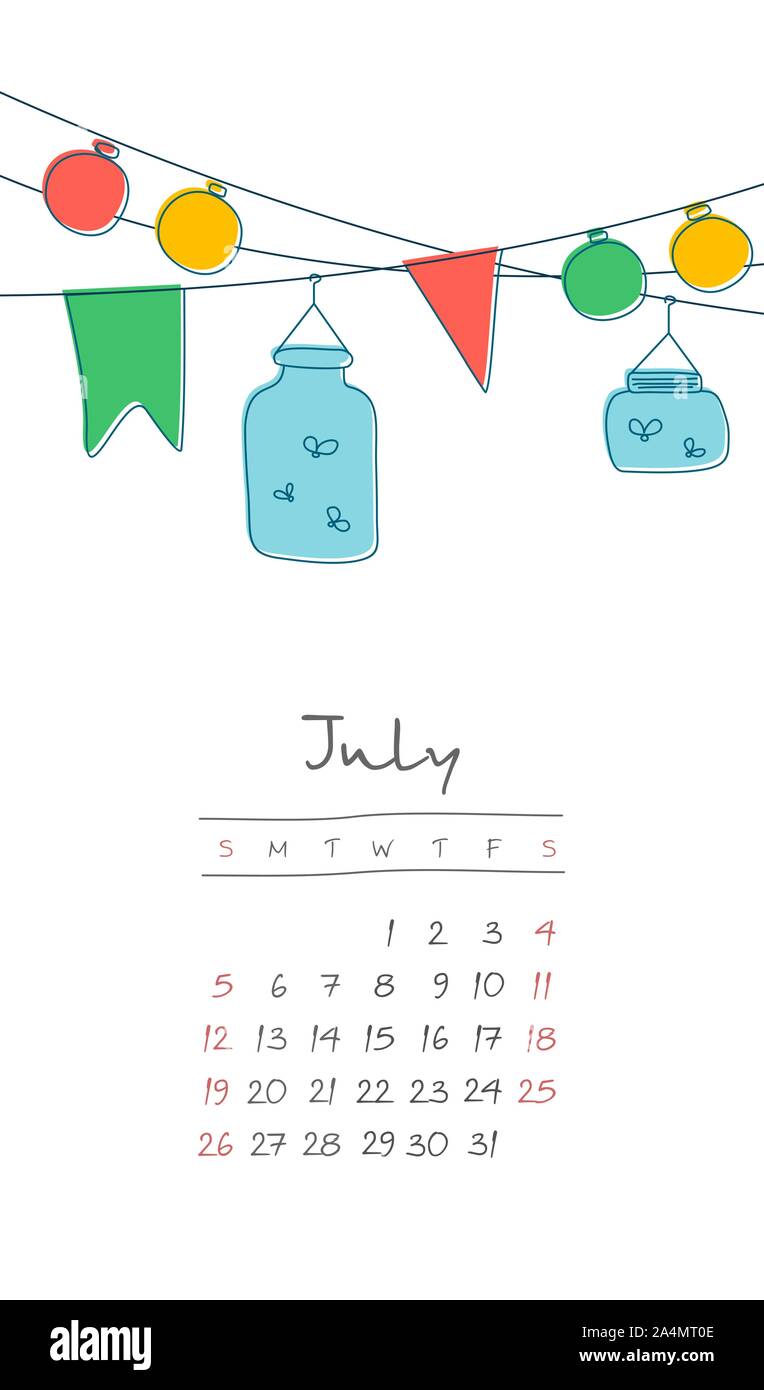 Calendar 2020 months July. Week starts from Sunday. Hand drawn with ...