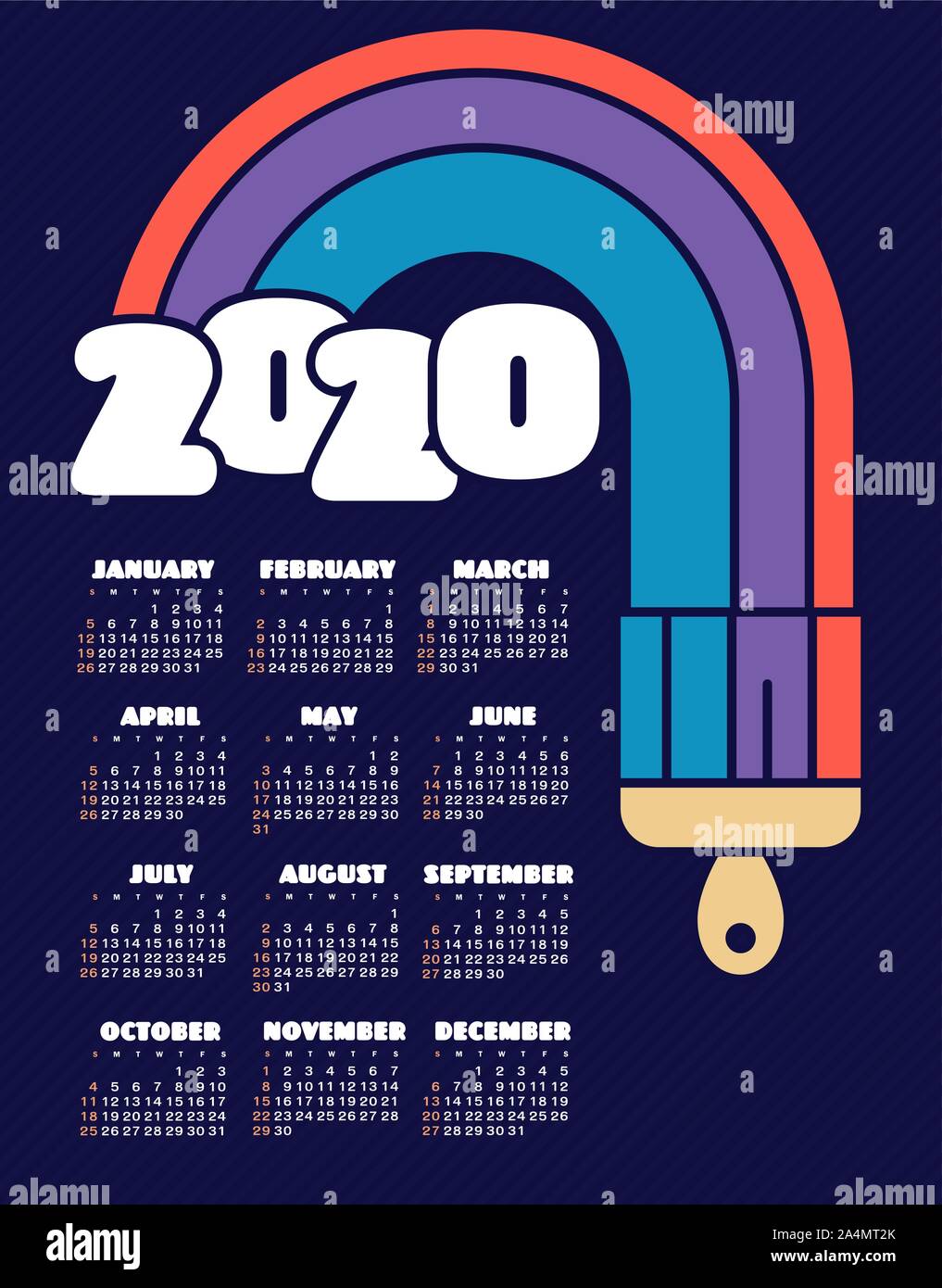 Calendar 2020 year. Colored streaks of paint with a brush. Color vector ...
