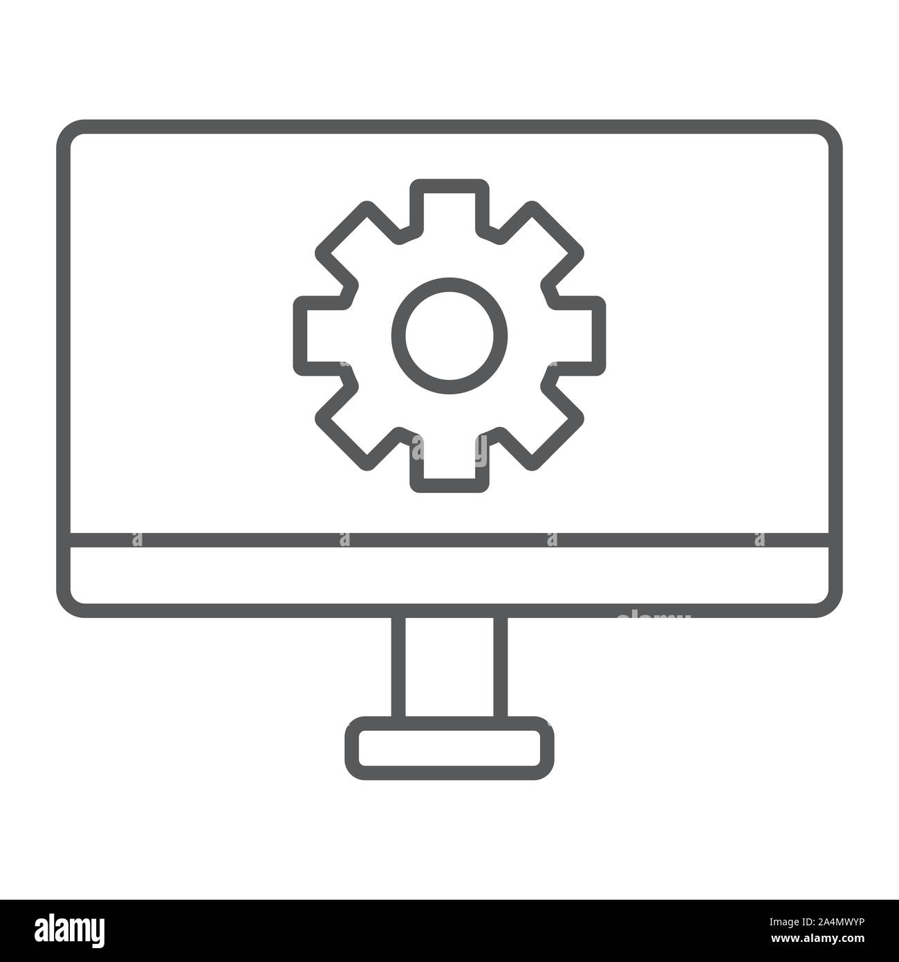 Computer settings thin line icon, technology and equipment, monitor with gear sign, vector ...