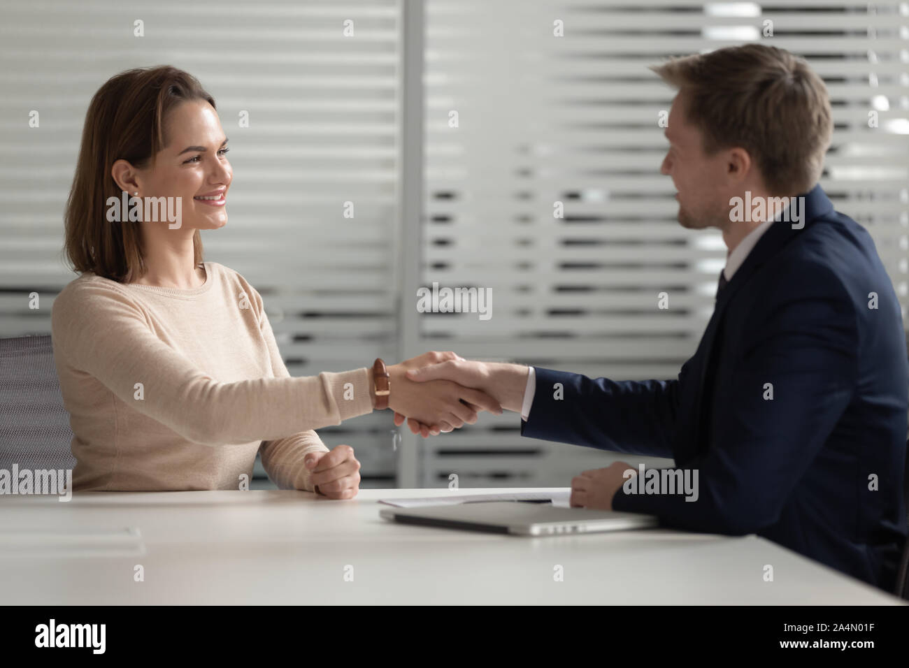 Woman interview confident smile hi-res stock photography and images - Alamy