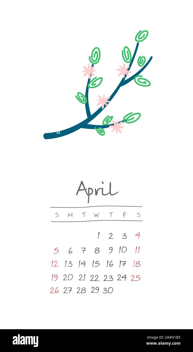Calendar 2020 months April. Week starts from Sunday. Hand drawn with ...
