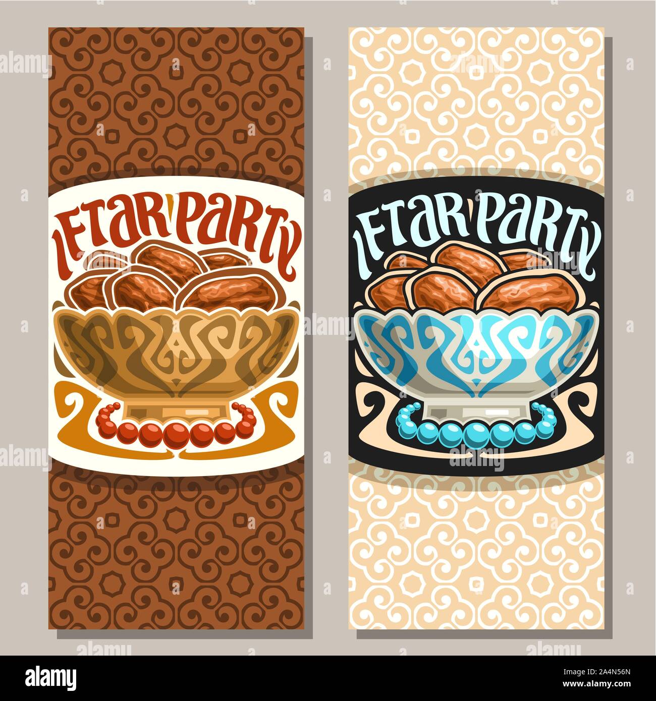 Vector greeting card for Ramadan Iftar Party, vertical banner with pile ...