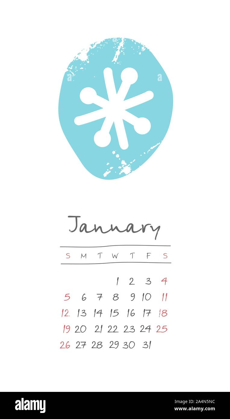 Calendar 2020 months January. Week starts from Sunday. Hand drawn with ...
