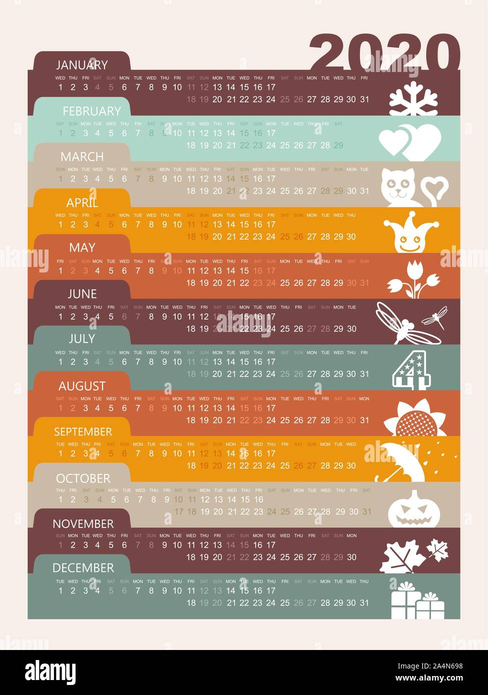 Calendar 2020 year. Color vector template. Week starts on Sunday. Basic ...