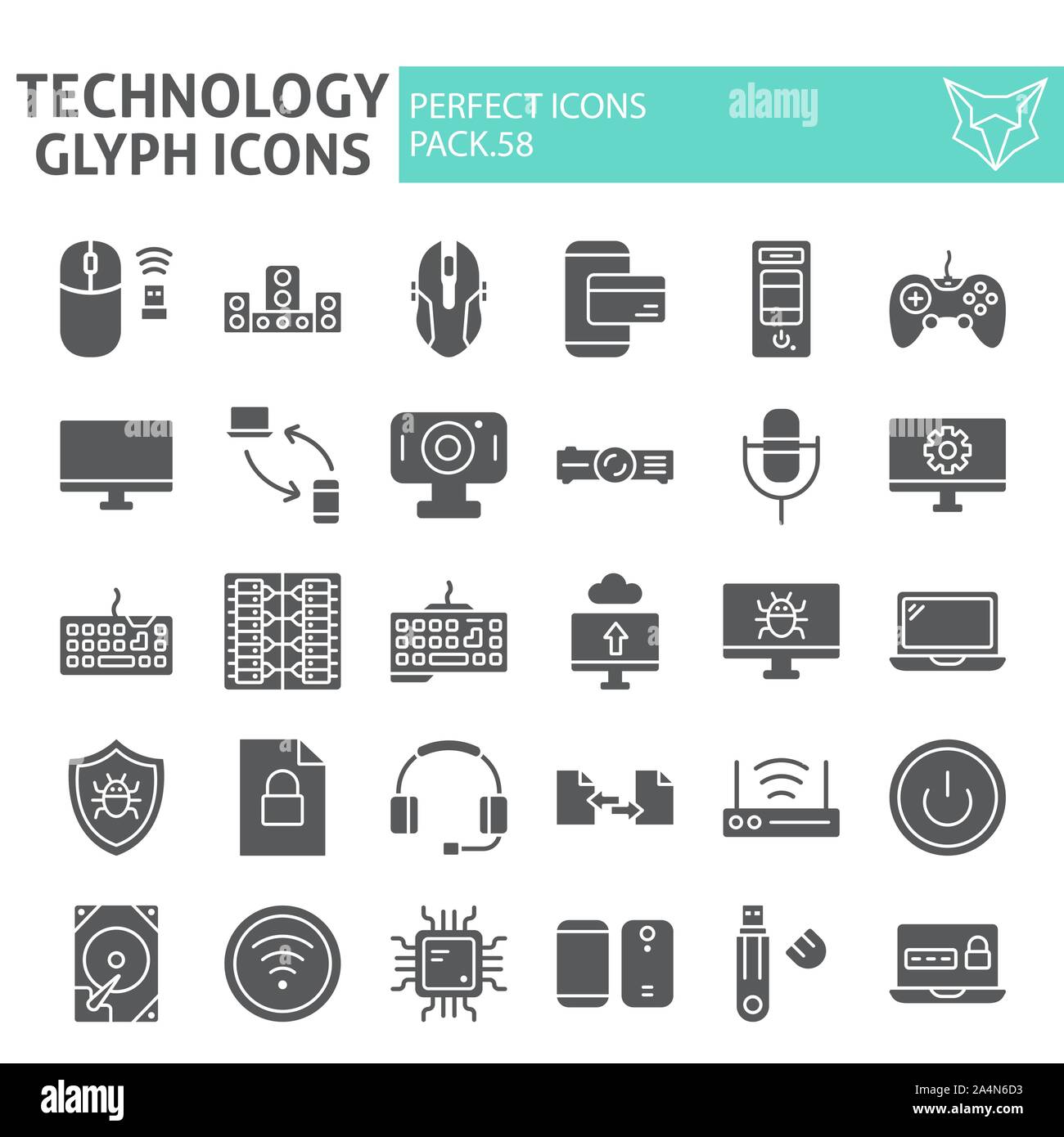 Technology glyph icon set, devices symbols collection, vector sketches, logo illustrations ...
