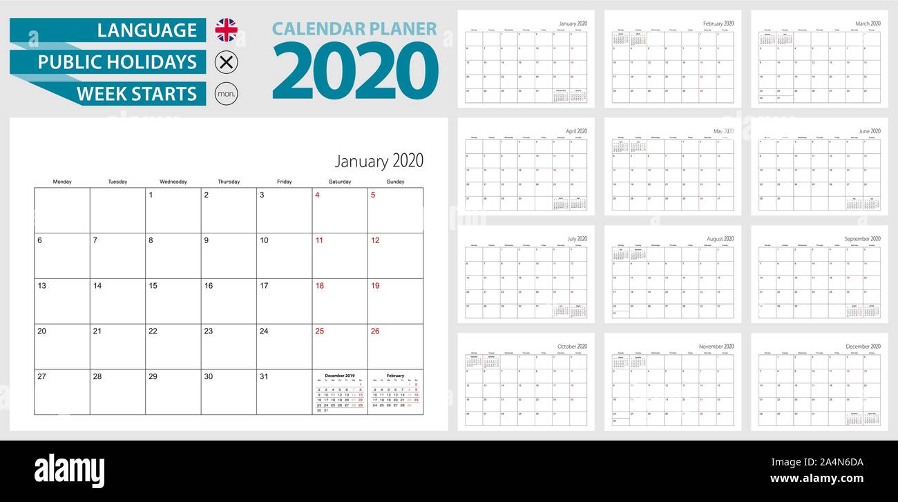 Wall calendar planner for 2020. English language, week starts from ...