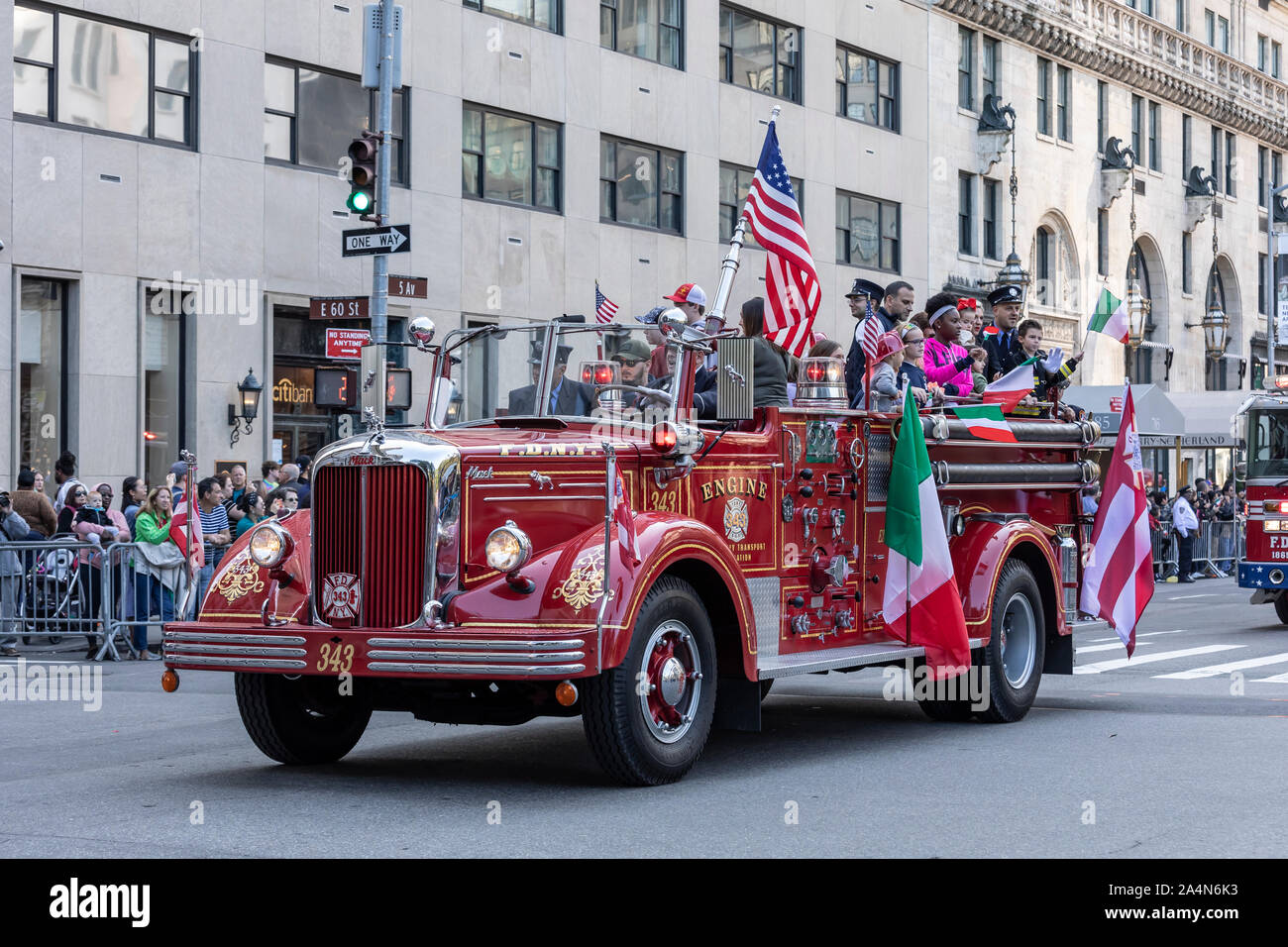New York, NY, USA - October 14, 2019: Historical Fire Department truck ...