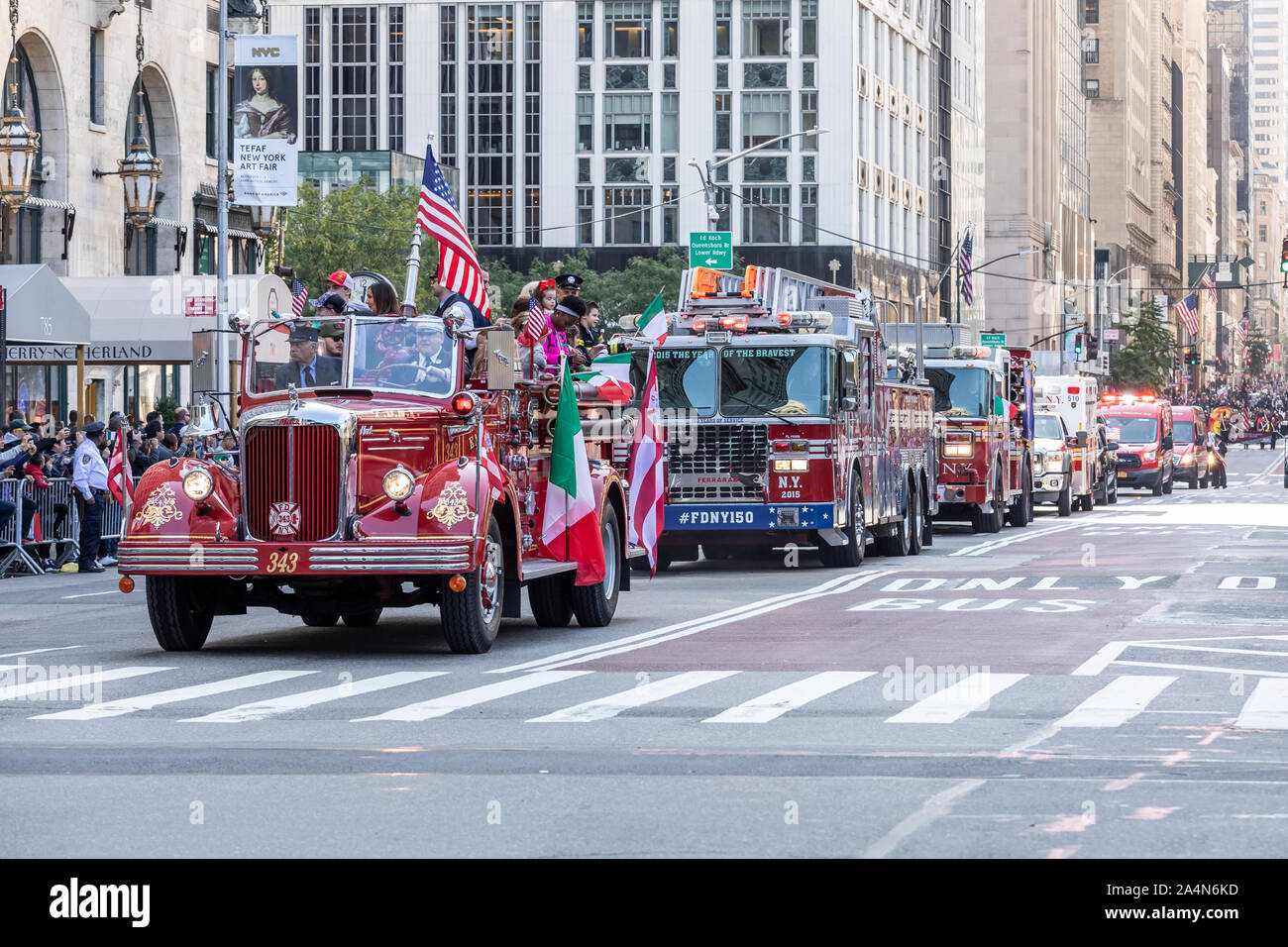 New York, NY, USA - October 14, 2019: Fire Department trucks moves ...