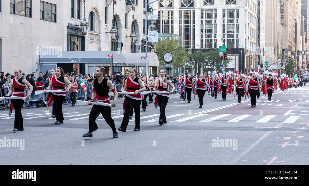 New York, NY, USA - October 14, 2019: Marching bands moves along Fifth ...