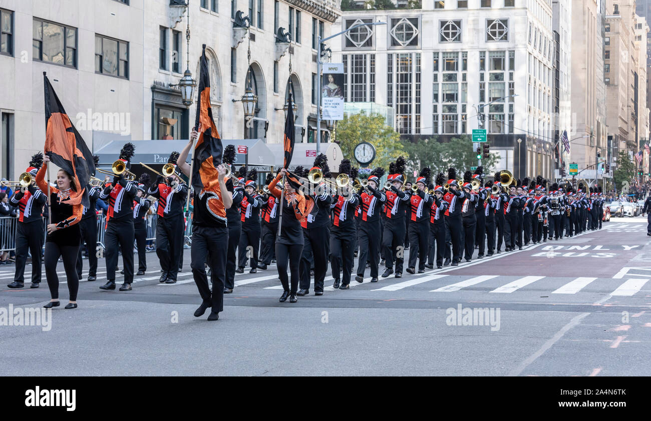 New York, NY, USA - October 14, 2019: Marching bands moves along Fifth ...