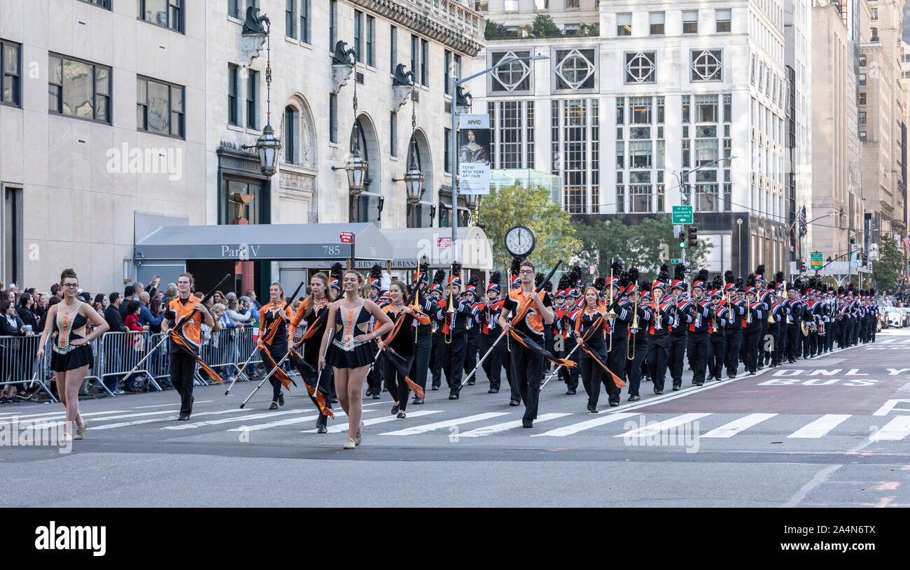 New York, NY, USA - October 14, 2019: Marching bands moves along Fifth ...