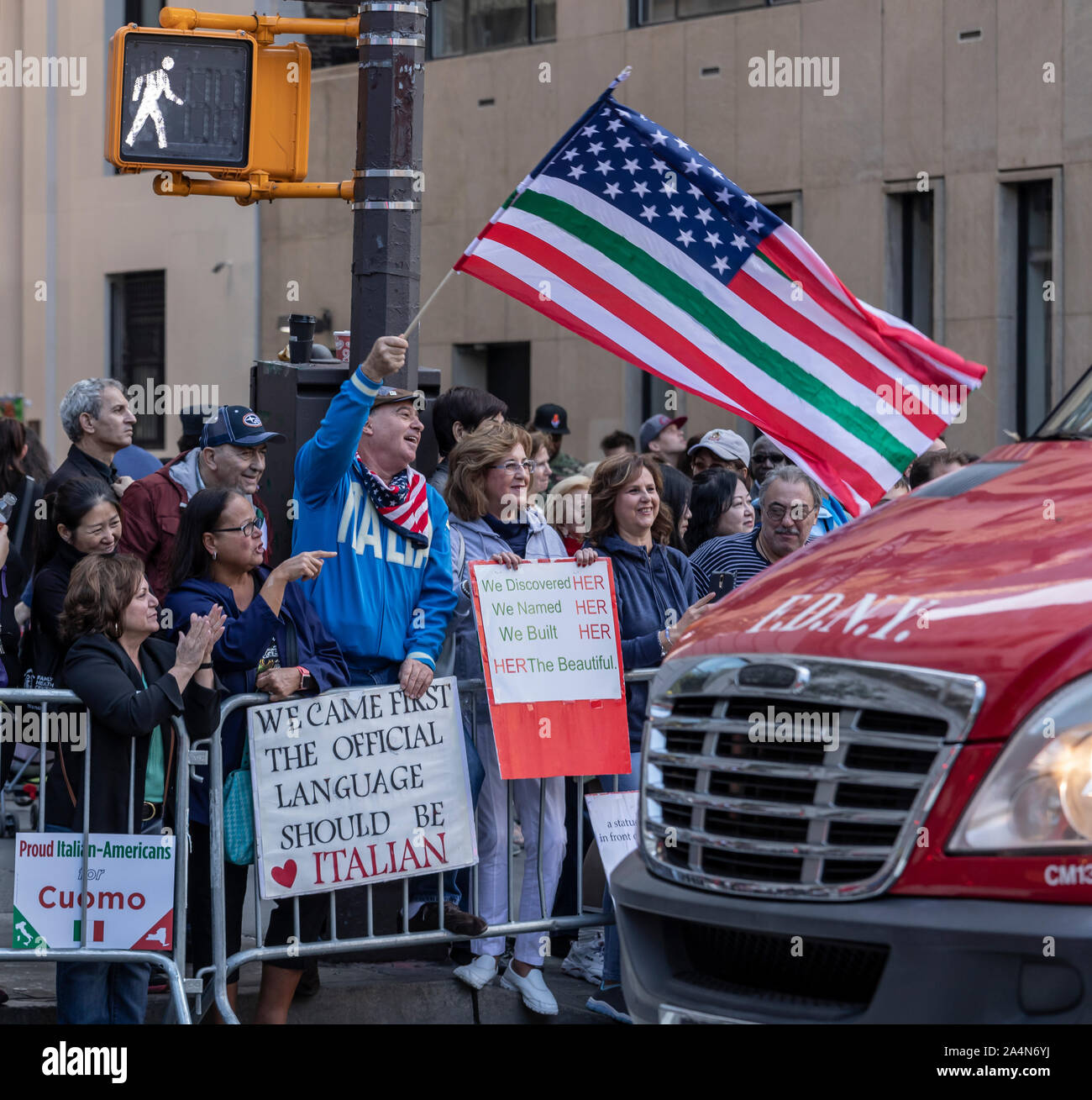 New York, NY, USA - October 14, 2019: Spectators cheer NYFD during 75th ...