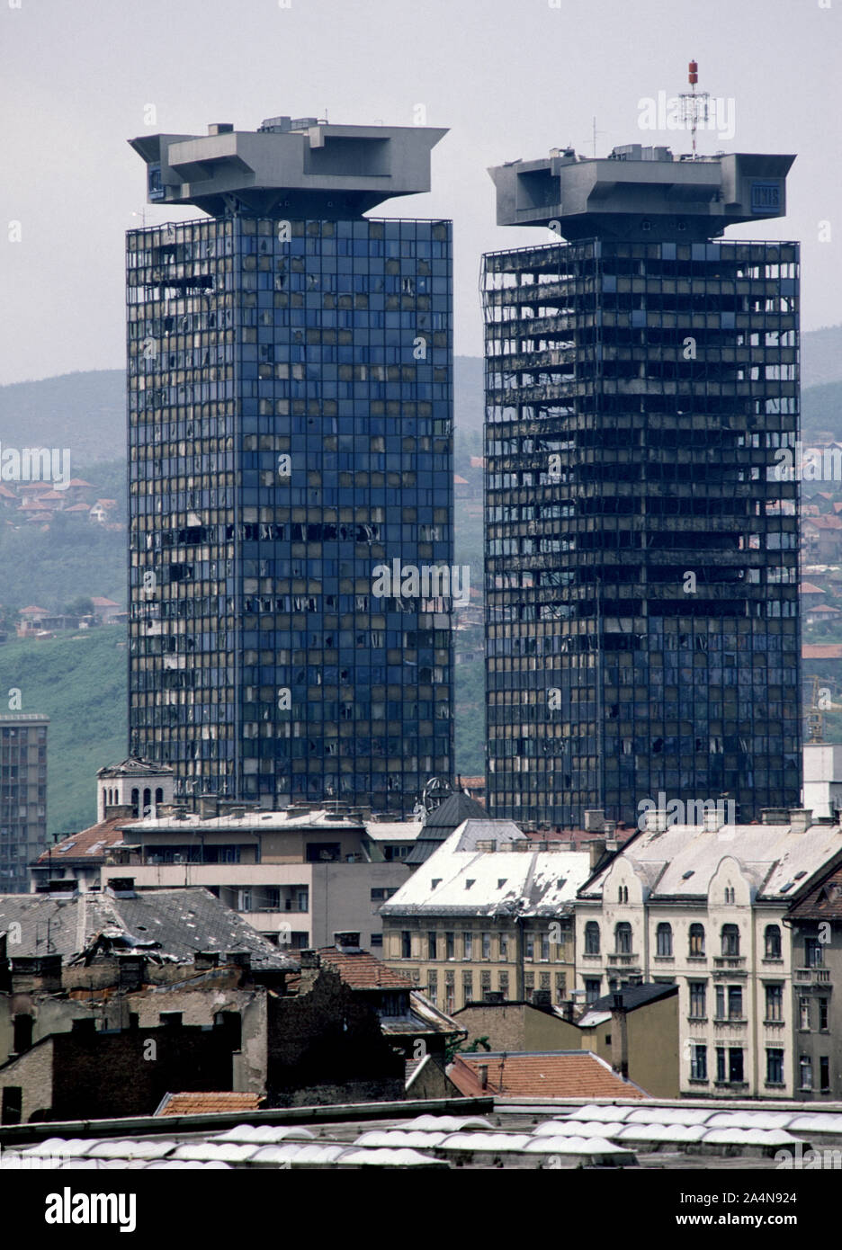 5th June 1993 During the Siege of Sarajevo: the war-damaged twin Unis ...