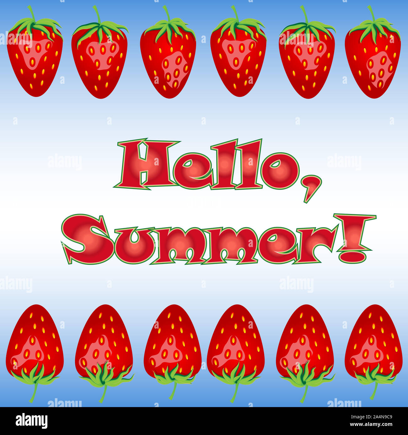 Hello summer card. Text with pink strawberries. Cute strawberry pattern ...