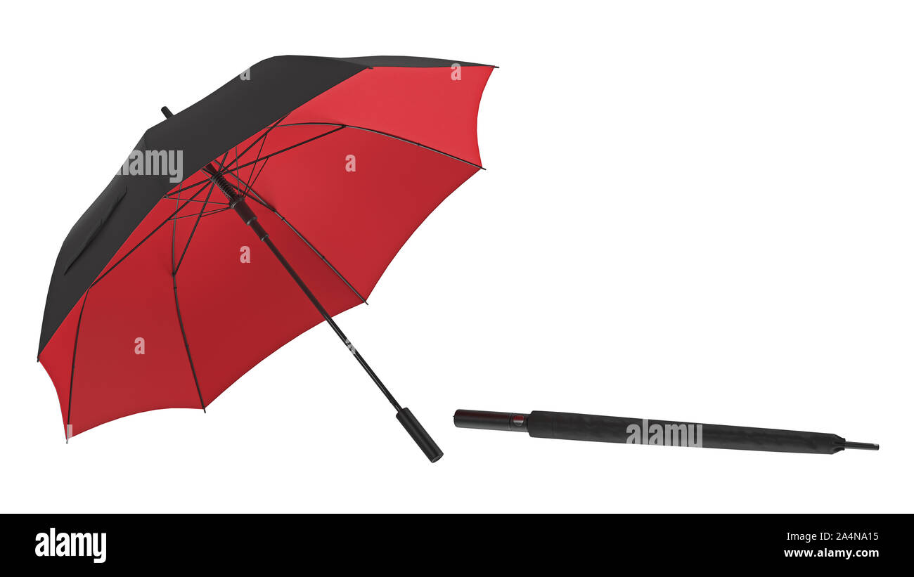 Umbrella parasol open with red bottom and closed. 3D rendering Stock ...
