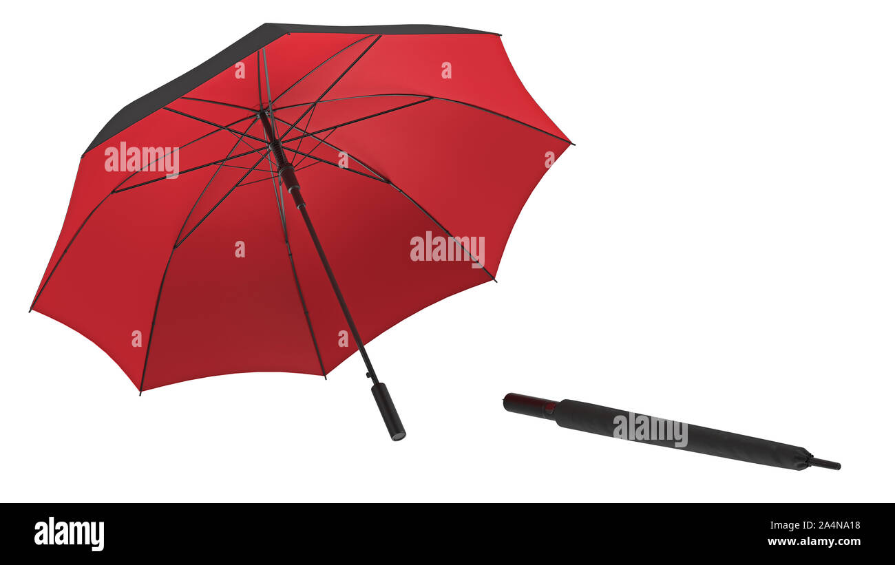 Umbrella parasol open with red bottom and closed. 3D rendering Stock ...