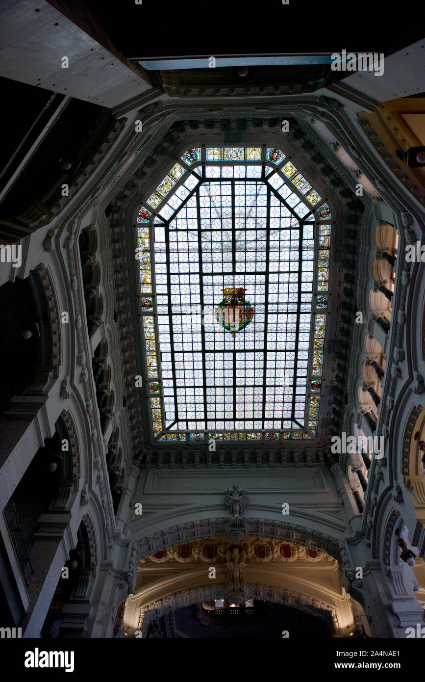 The interior ceiling of the Cibeles Palace in Madrid, Spain Stock Photo ...